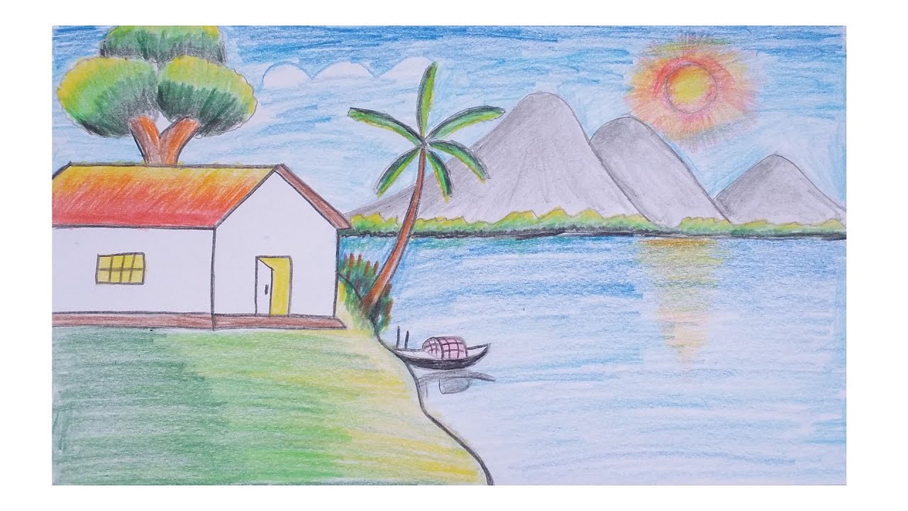 How to easy drawing A4 Papar Village & rever scenery drawing with oil ...