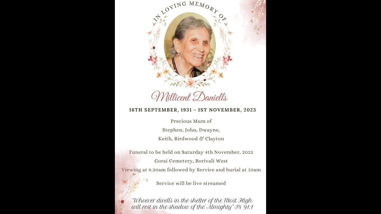Funeral service of Millicent Daniells on 4.11.2023 at 9.30 am onwards ...