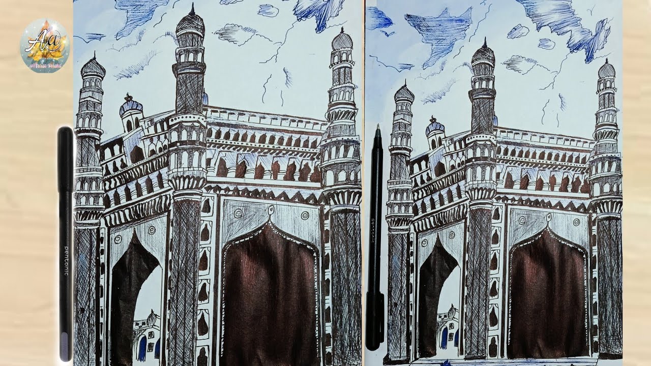 How to draw a charminar drawing using pentonic pen ll Indian monument ...