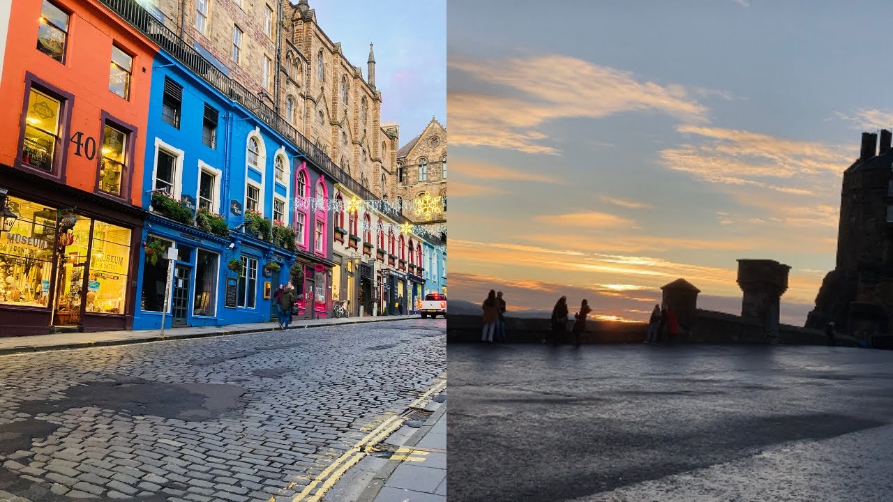 Beautiful sunset at famous Edinburgh Castle and Victoria street ...