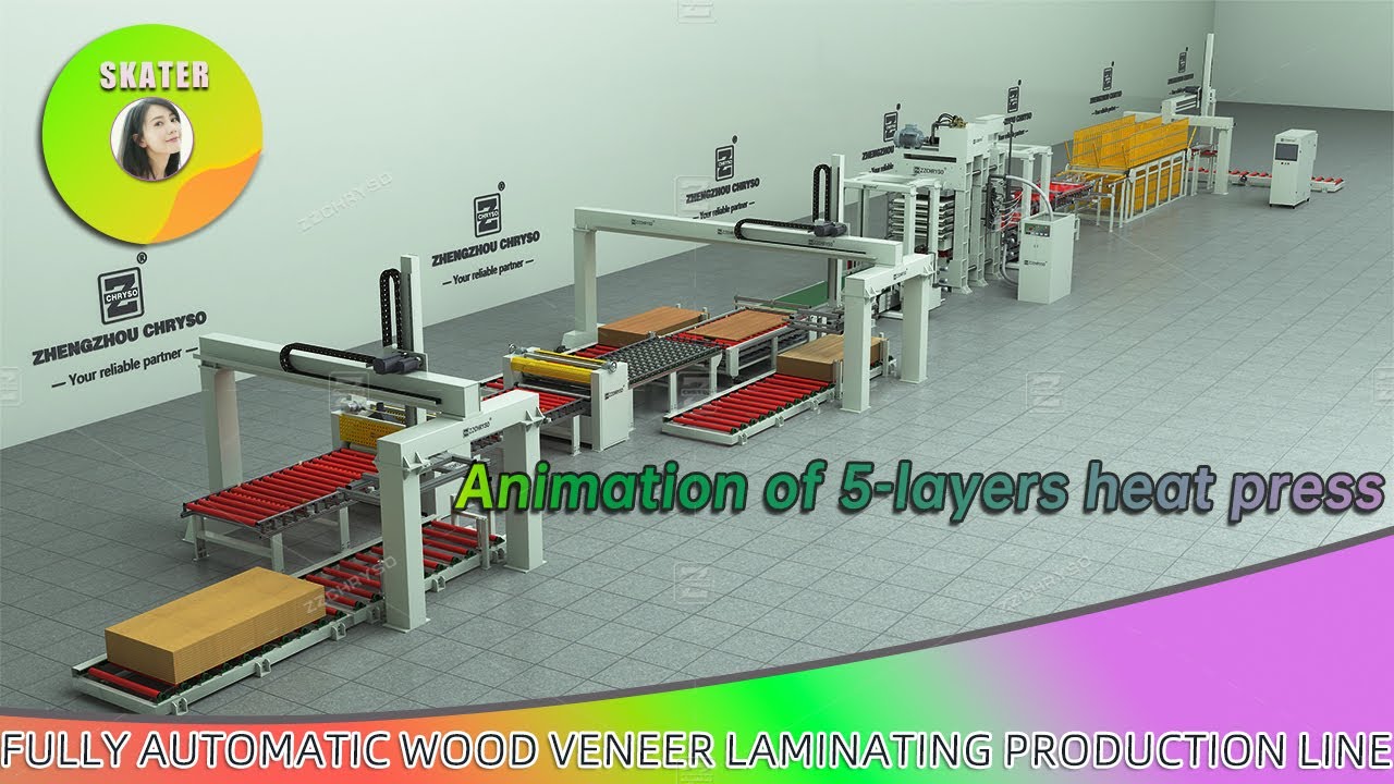 Animation of 5 layers heat press Fully automatic wood veneer laminating ...