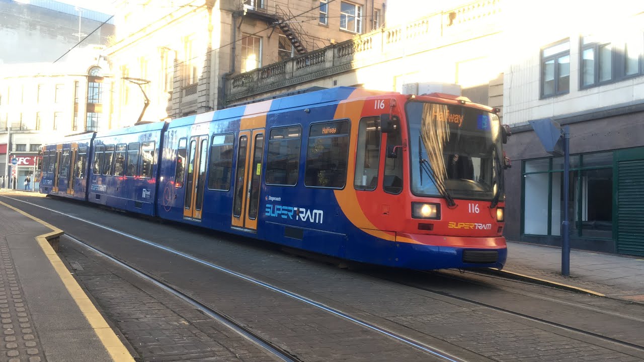 Stagecoach Supertram 116 departs Ponds Forge with a Blue Route Service ...
