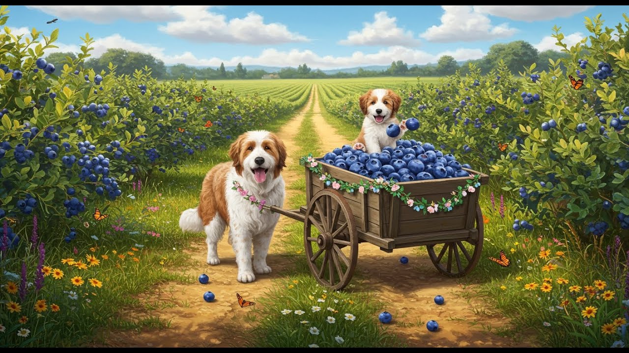 Adorable Mama dog and her Puppy enjoying a Blueberry Harvest and Juice ...