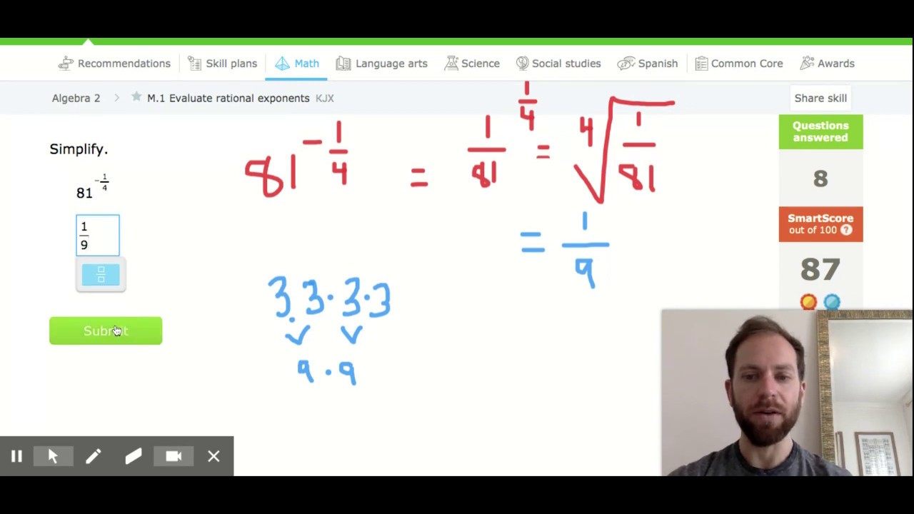 IXL Algebra 2 - Topic M.1 - Evaluate rational exponents - YouTube