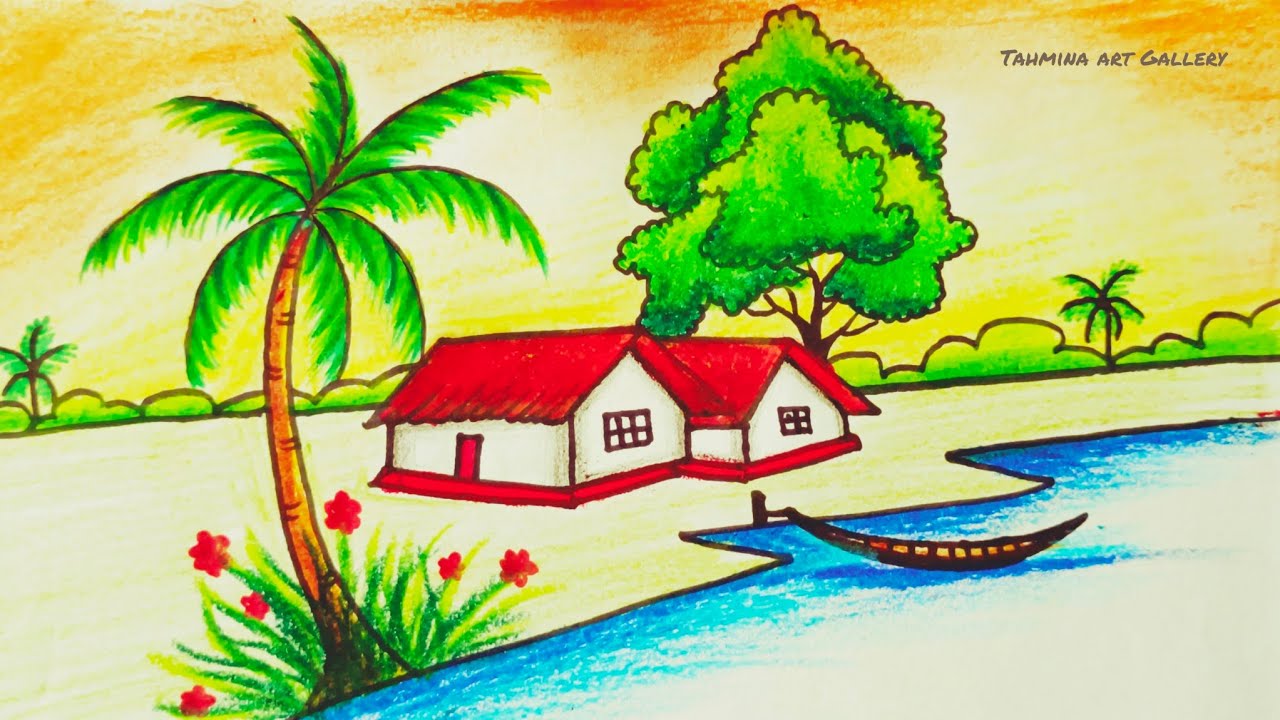 How to draw scenery of beautiful nature || Landscape drawing step by ...