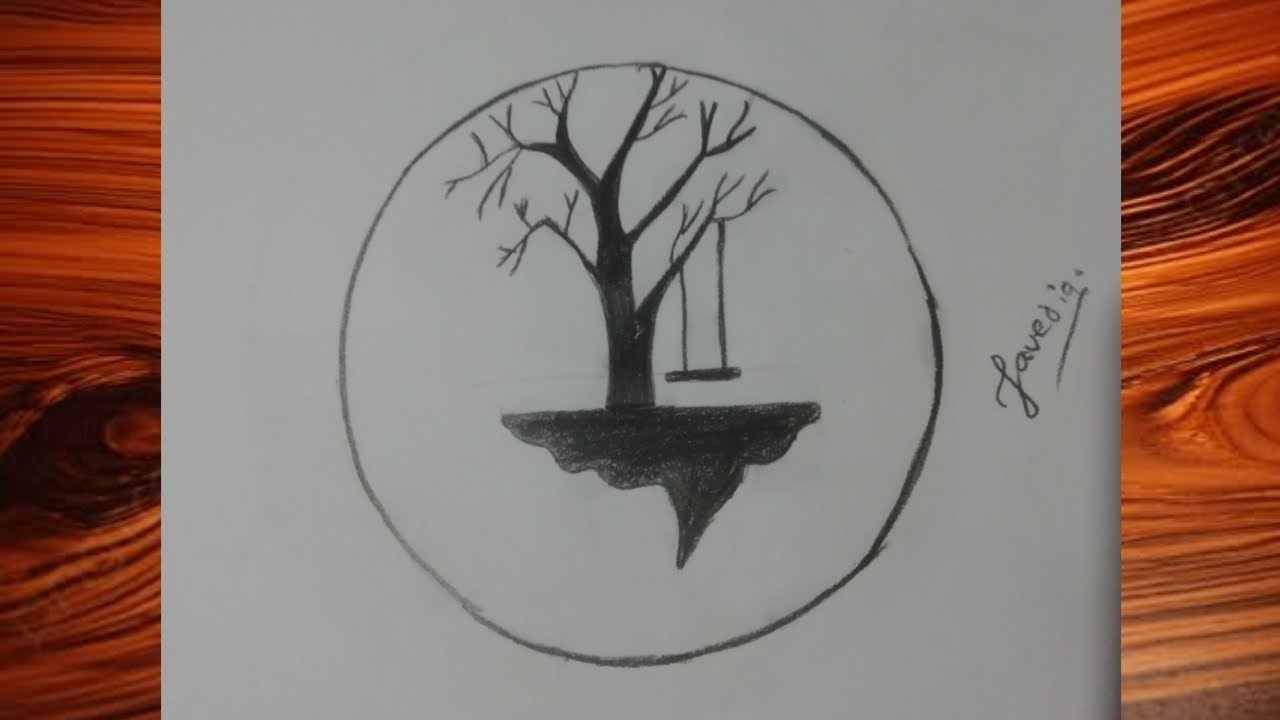Circle scenery drawing with pencil | Easy drawing for beginners | Tree ...