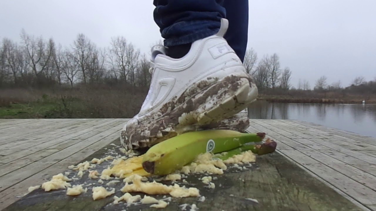 Muddy Fila Disruptor food stomp, trample bananas - YouTube