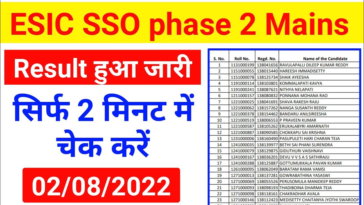 ESIC SSO Phase 2 Mains Result 2022| ESIC SSO Phase 2 Mains Result CUT ...