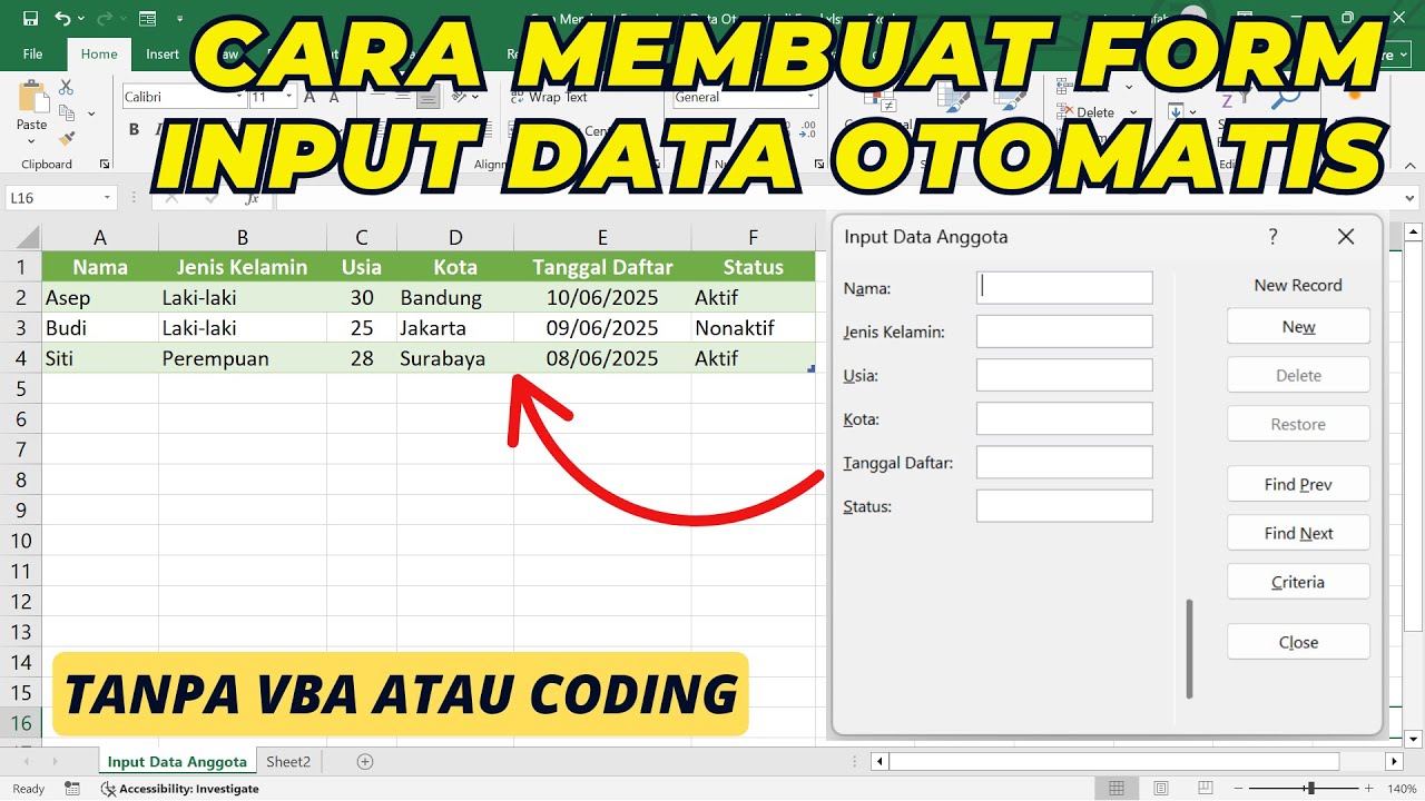 Cara Membuat Form Input Data Otomatis Di Excel Tanpa Vba Coding Dan Macro Tutorial Excel 4032