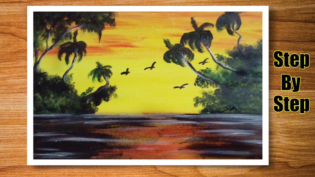 How to draw sunset landscape | sunset painting ideas | sunset acrylic ...