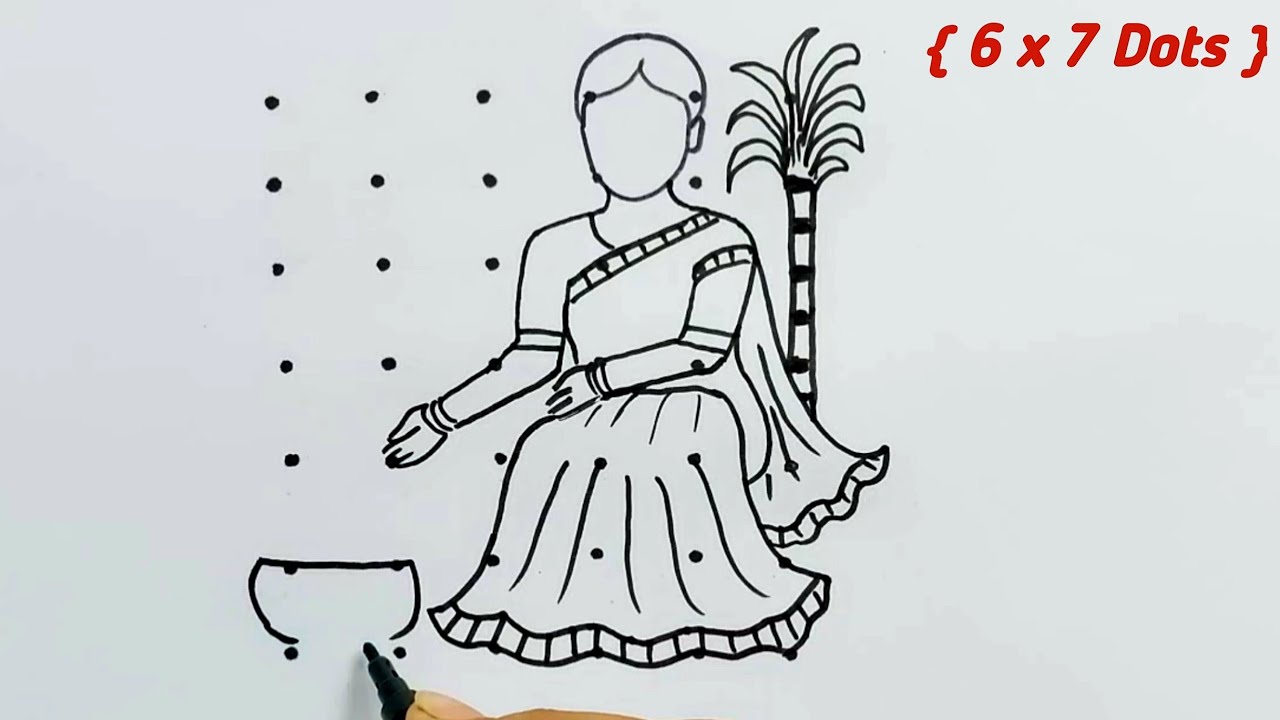 Sankranti special Pongal kolam pot with traditonal girl ( 6*7 ...