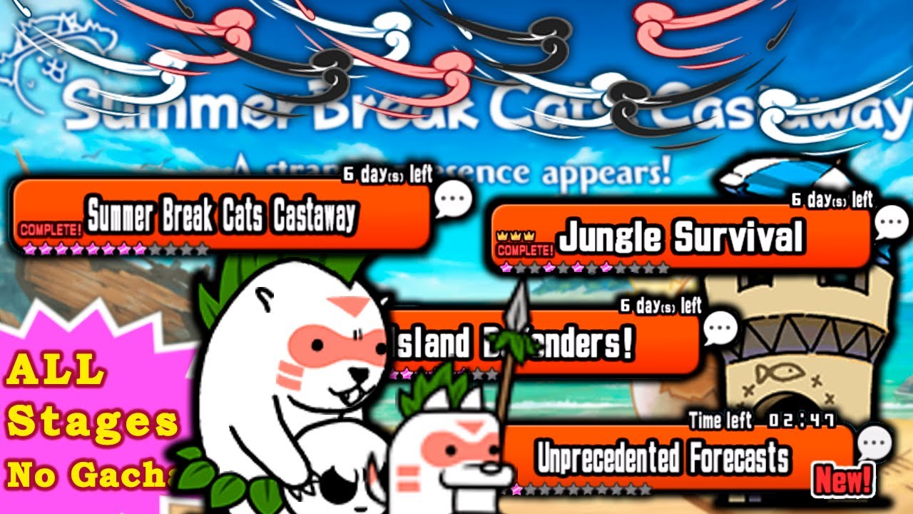 Summer Break Cats: Castaway (All Stages, 1 Row, No Gacha) - Battle Cats ...
