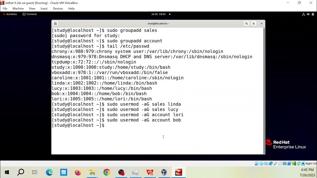 Linux Redhat lab: create groups, add users to the group then check the result of the work - YouTube