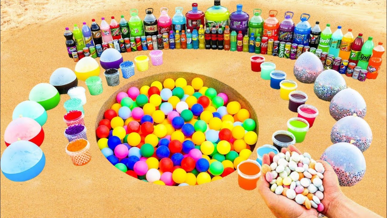 Giant Toothpaste Eruption From Balloons pit With Big Coca Cola, Fanta ...