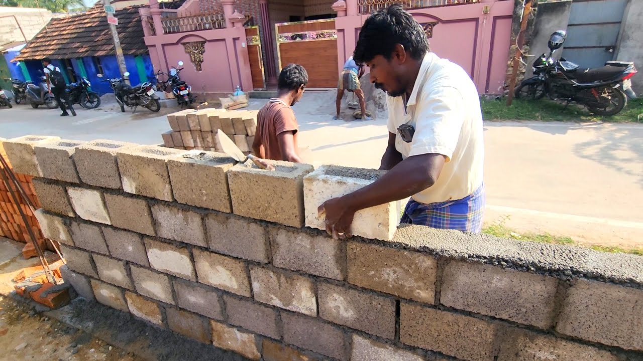 Amazing Techniques of Hollow block Compound Wall Making-Using by sand ...