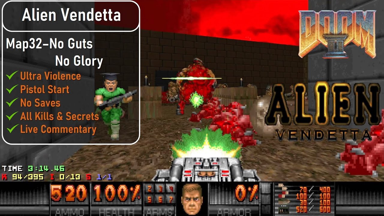 Alien Vendetta Map32 - No Guts No Glory [Doom 2, UV, Pistol, 100%] - YouTube