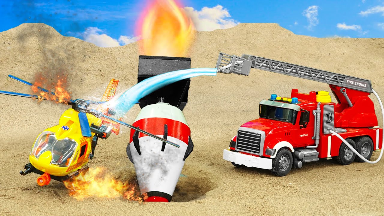 Excavator, Cranes, and Rescue Vehicles - Toy Plane Crashed On the Road ...