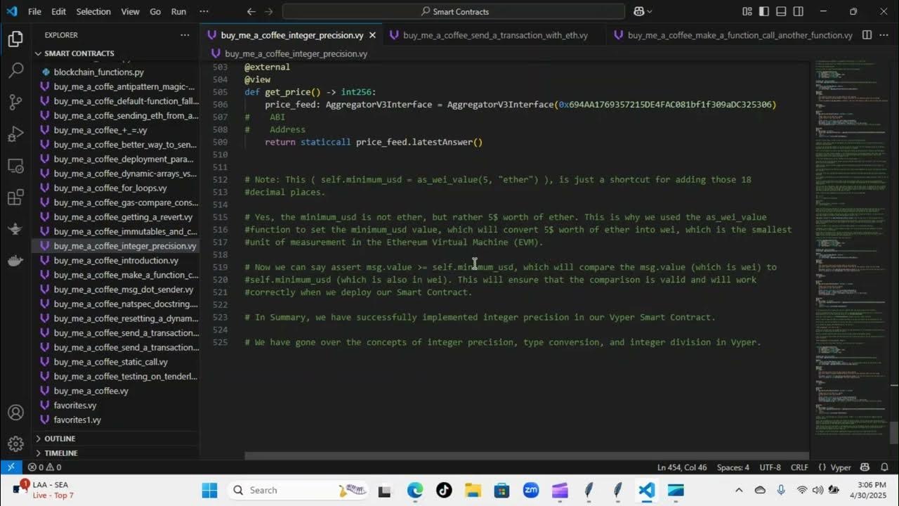 Python Papi / Smart Contracts - Vyper Moccasin Buy Me A Coffee Integer Precision - Day 9 - YouTube
