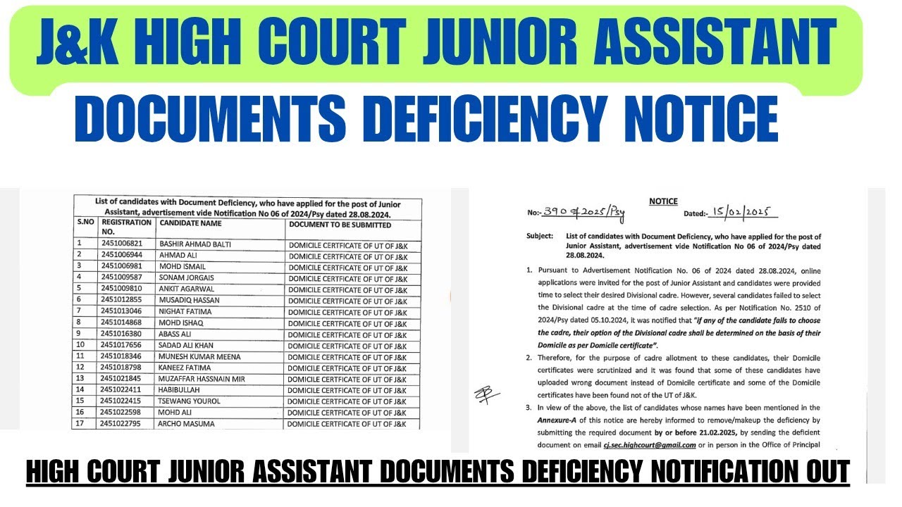 HIGH COURT JUNIOR ASSISTANT DOCUMENTS DEFICIENCY NOTIFICATION 2025 ...