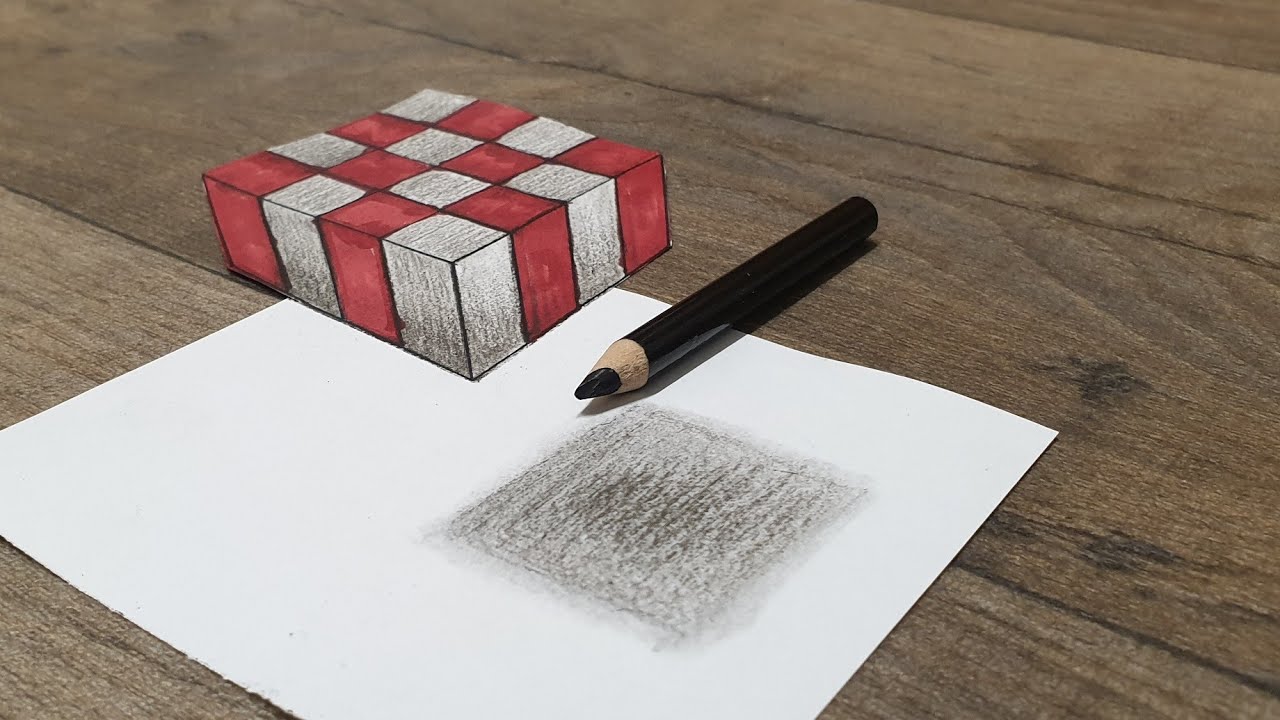 3D art floating block red and white easy on paper pencil shade - YouTube