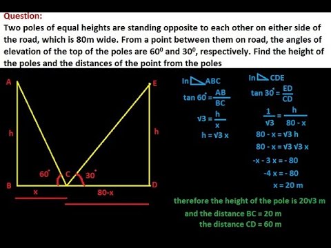 Two poles of equal height are standing opposite to each other. Find the ...