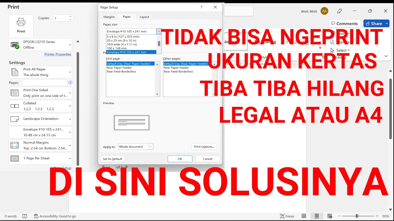 SOLUSI UKURAN KERTAS LEGAL ATAU A4 HILANG DI WORD - YouTube