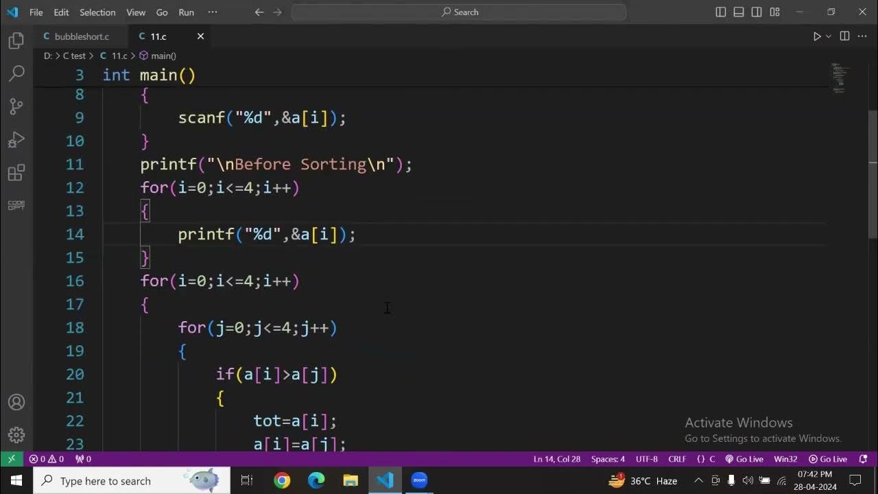 Day 30 Exploring Array Sorting Simple Sortand Bubble Sort C Programing Language Youtube