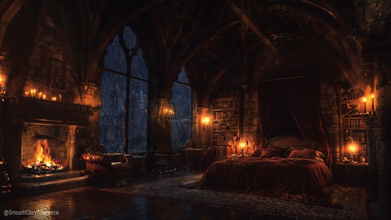 Nighttime Deep Sleep in This Cozy Castle Room With Rain & Thunder ...