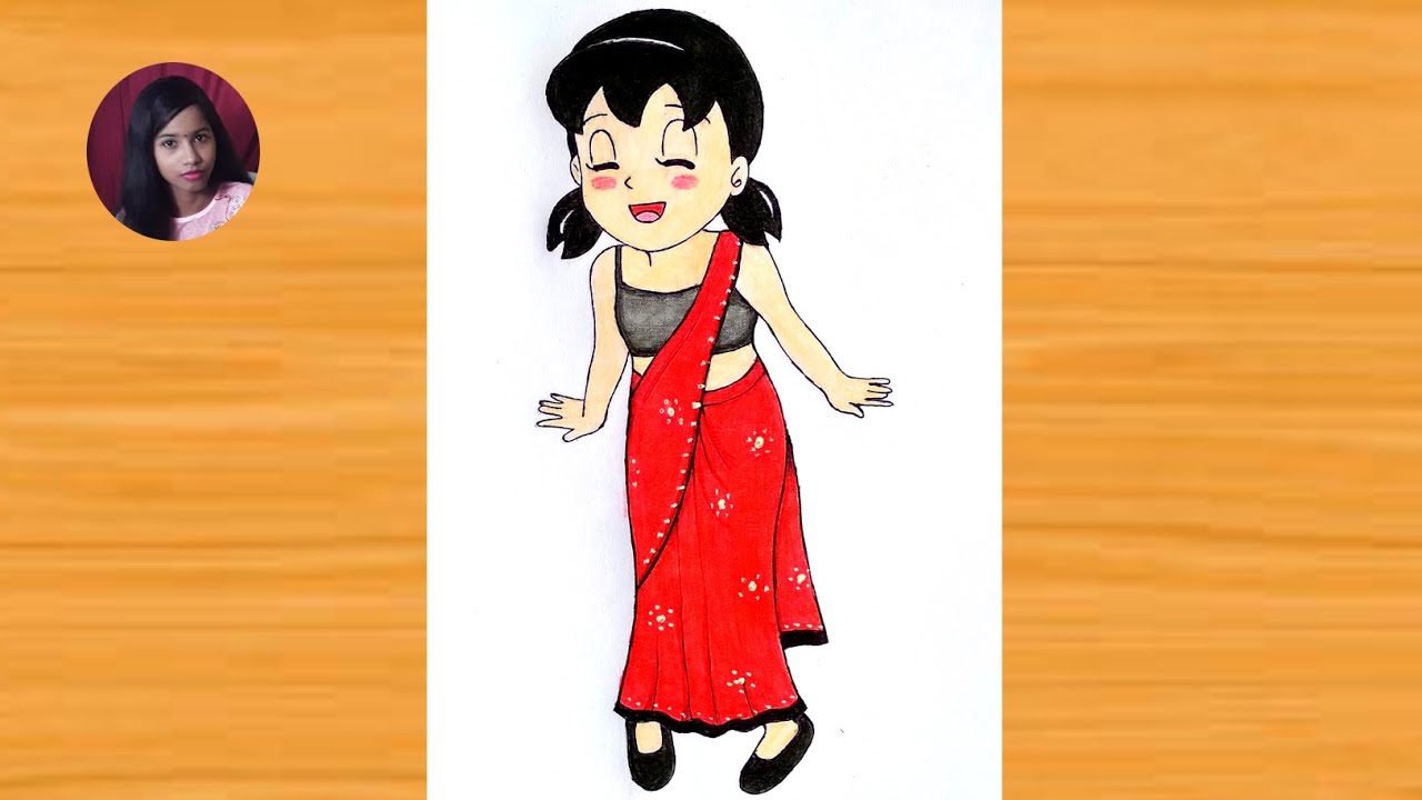 How to draw Shizuka in Red Saree || How to draw shizuka from Doraemon ...