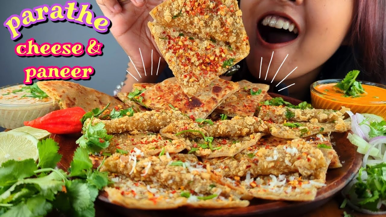 COOKING & EATING CHEESE & PANEER PARATHA WITH RAITA & SPICY CHUTNEY ...