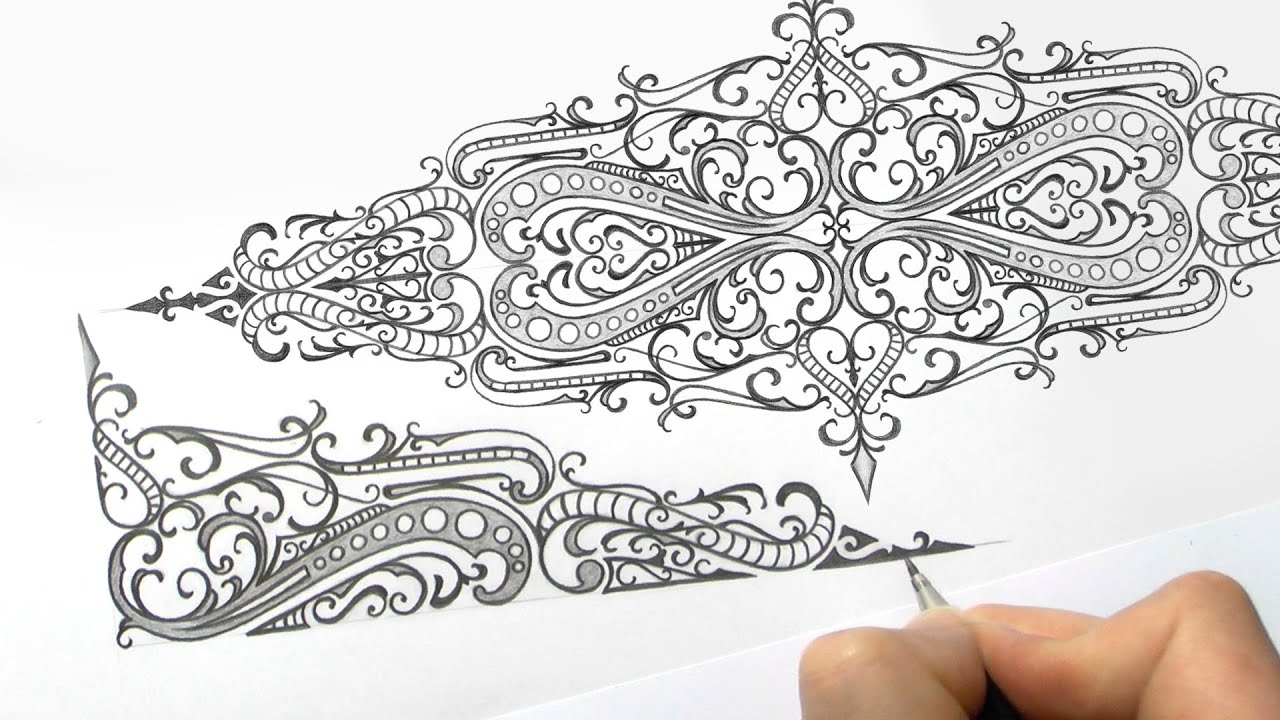 Pencil Drawing - How to draw a Floral Ornamental Scrollwork Design - YouTube