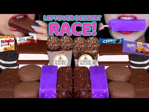 ASMR SHOCKING LEFTOVER DESSERT RACE! MILKA CAKE, NUTELLA B READY, PURPLE ICE CREAM, KINDER, FERRERO