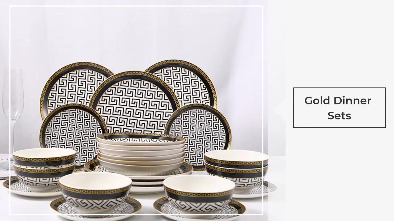 Gold rimmed pattern white porcelain dinnerware - YouTube