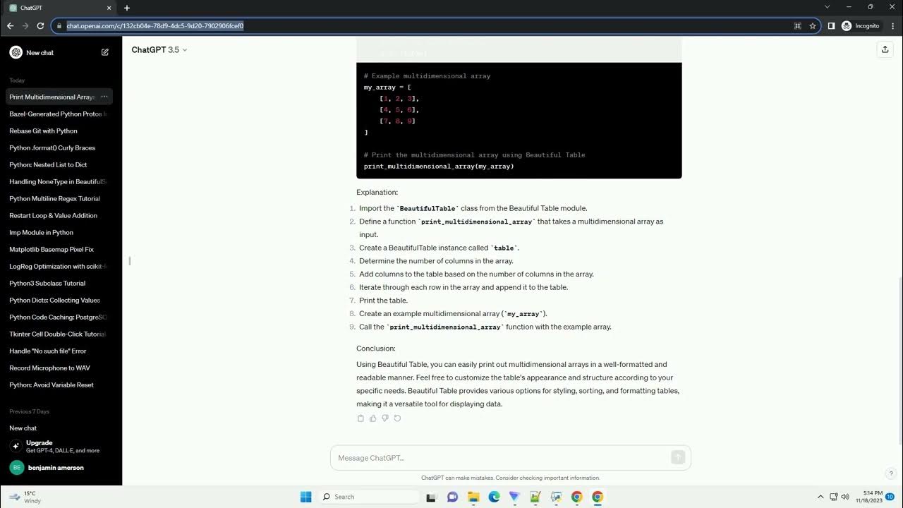Printing out multidimensional arrays using python Beautiful Table module - YouTube