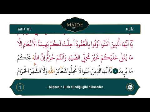 Diyanet Ok Takipli Hatim 6. Cüz - Kur'an-ı Kerim 105. Sayfa - Nisâ 176-176 Mâide 1-2. Ayetler