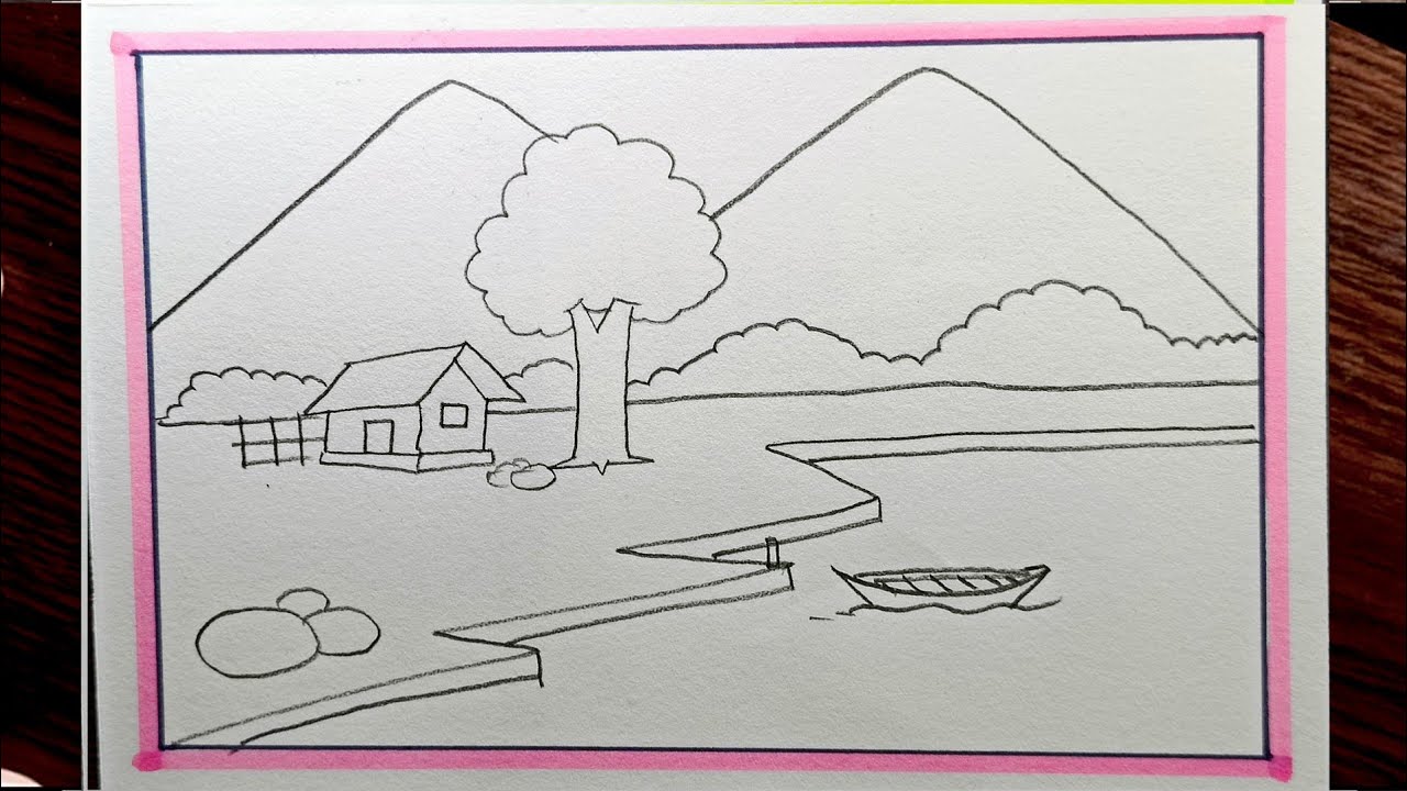 Scenery Drawing Very easy||How to draw Beautiful landscape drawing ...