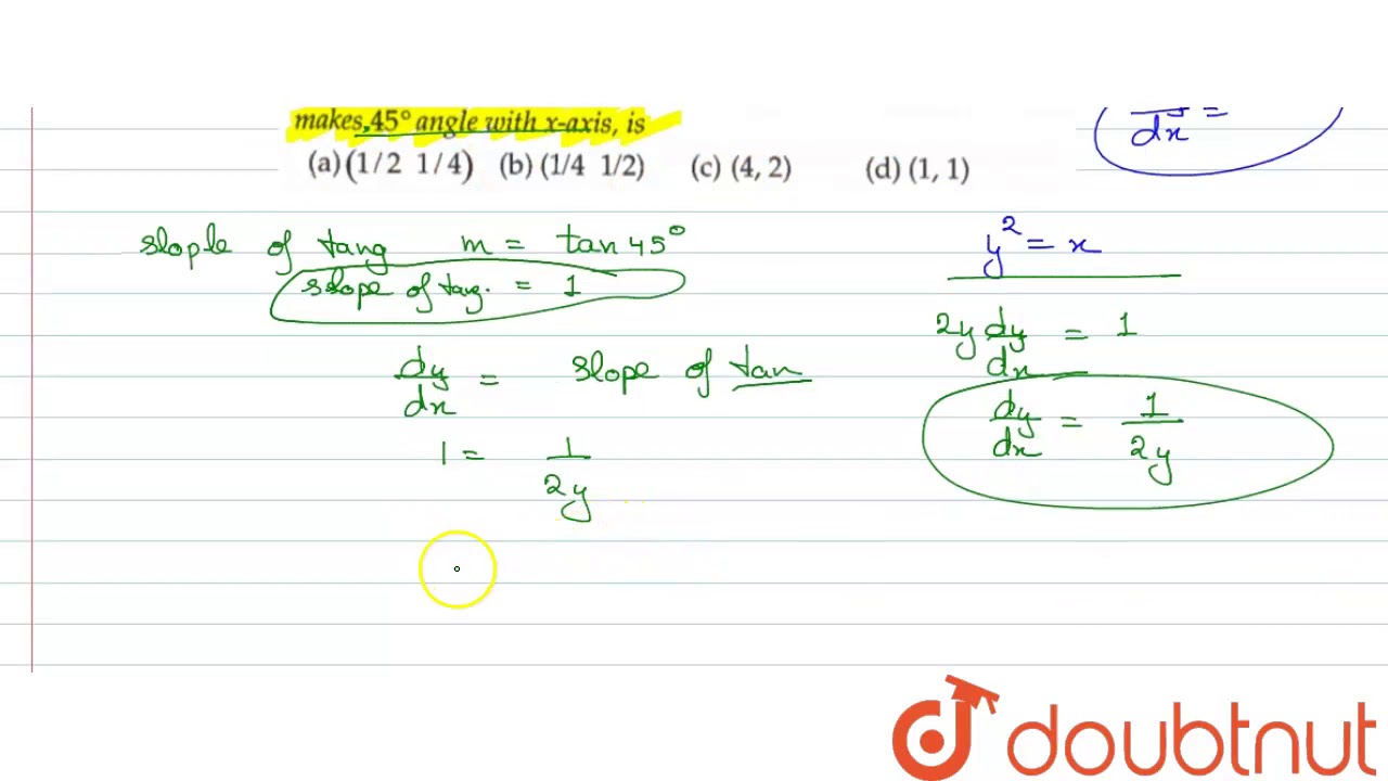 The point on the curve `y^(2)=x` where tangent makes `45^(@)` angle ...