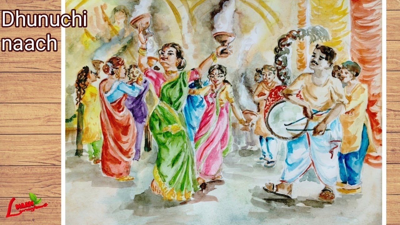 Dhunuchi nach watercolour painting easy | dhunuchi nach watercolor ...