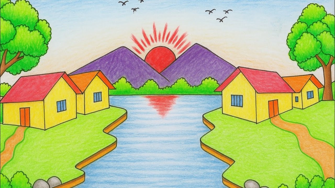 Easy & Beautiful Nature Scenery Drawing | Step by Step Tutorial for ...