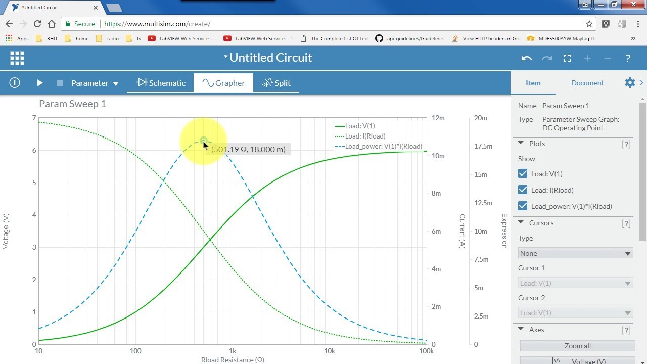Multisim Live: Find max power transfer with parameter sweep - YouTube