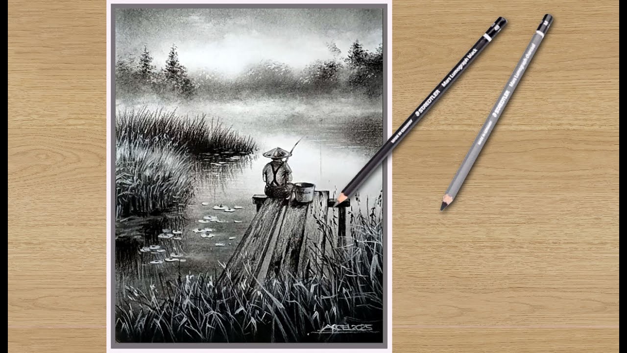 Best of Pencil Drawing / Beautiful Lake Fishing Scenery #art # ...