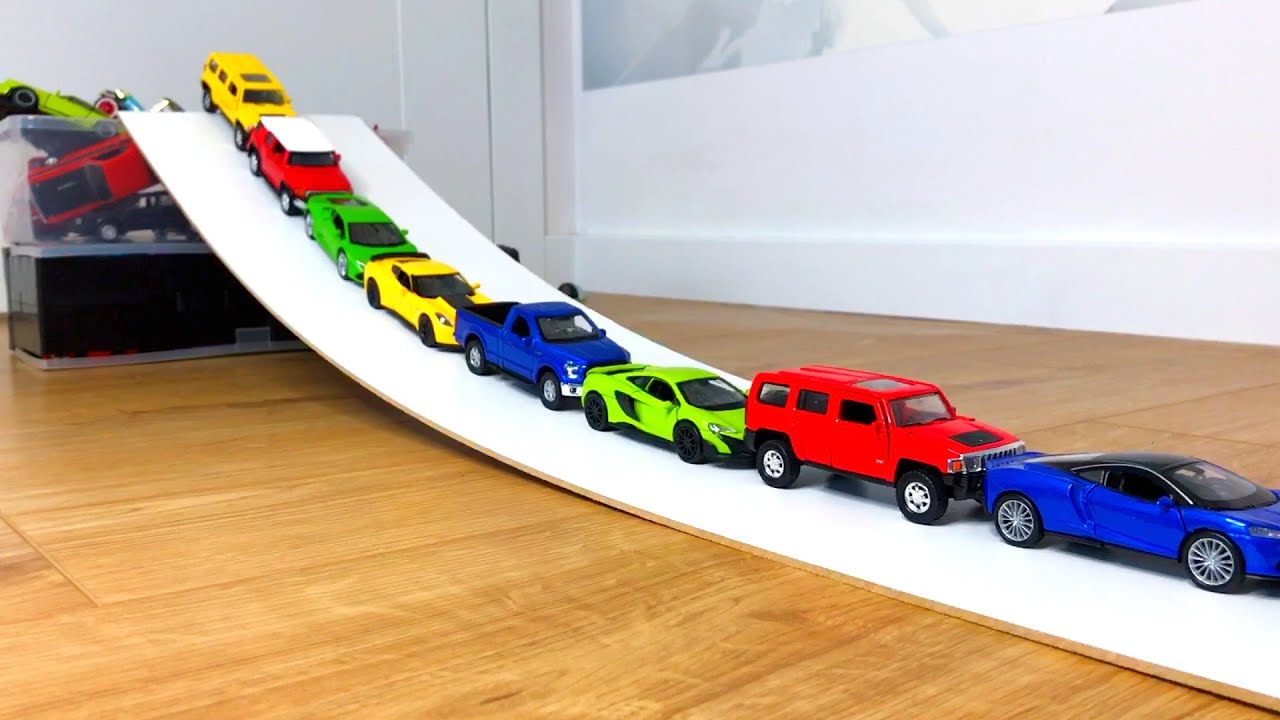 Various Diecast Model Cars Moving Down On Slider - 4k Video - YouTube