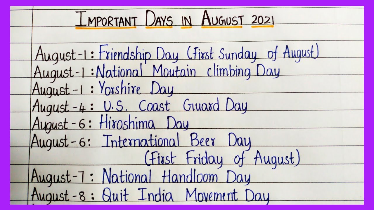 August Important Day 2021 || @EssentialEssayWriting || National and ...