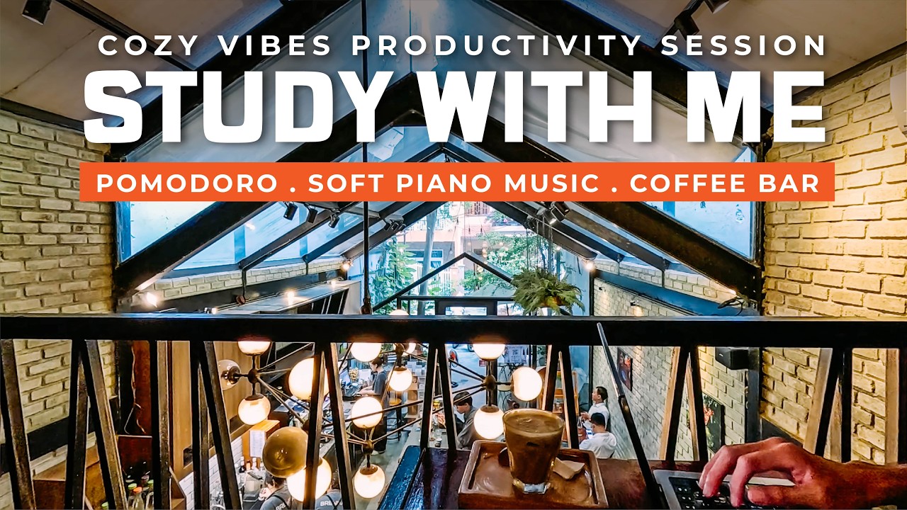 1.5 HOUR Study With Me Pomodoro 25-5 / Coffee Bar / Piano Music Cafe ...