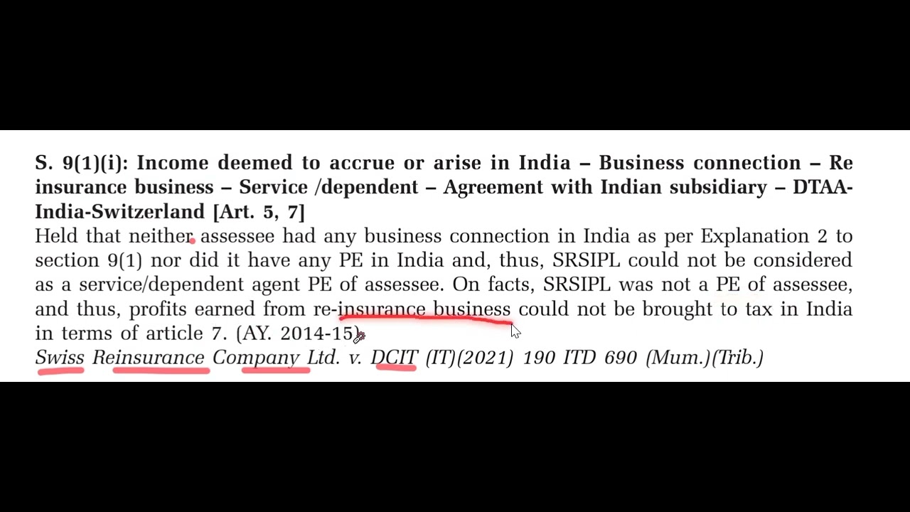 Section-9(1)i- Swiss Reinsurance Company Ltd. v. DCIT (IT)(2021) 190 ITD 690 (Mum.)(Trib.) - YouTube