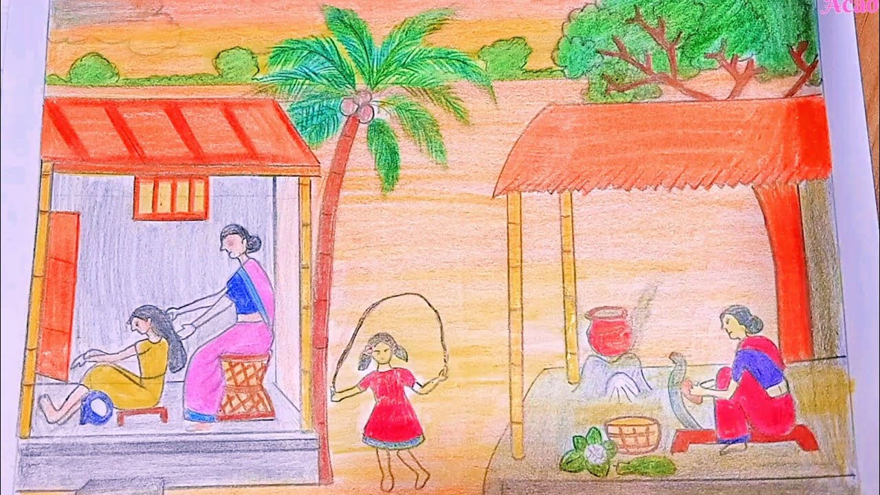 Drawing a summer village scenery -step by step / summer village drawing ...