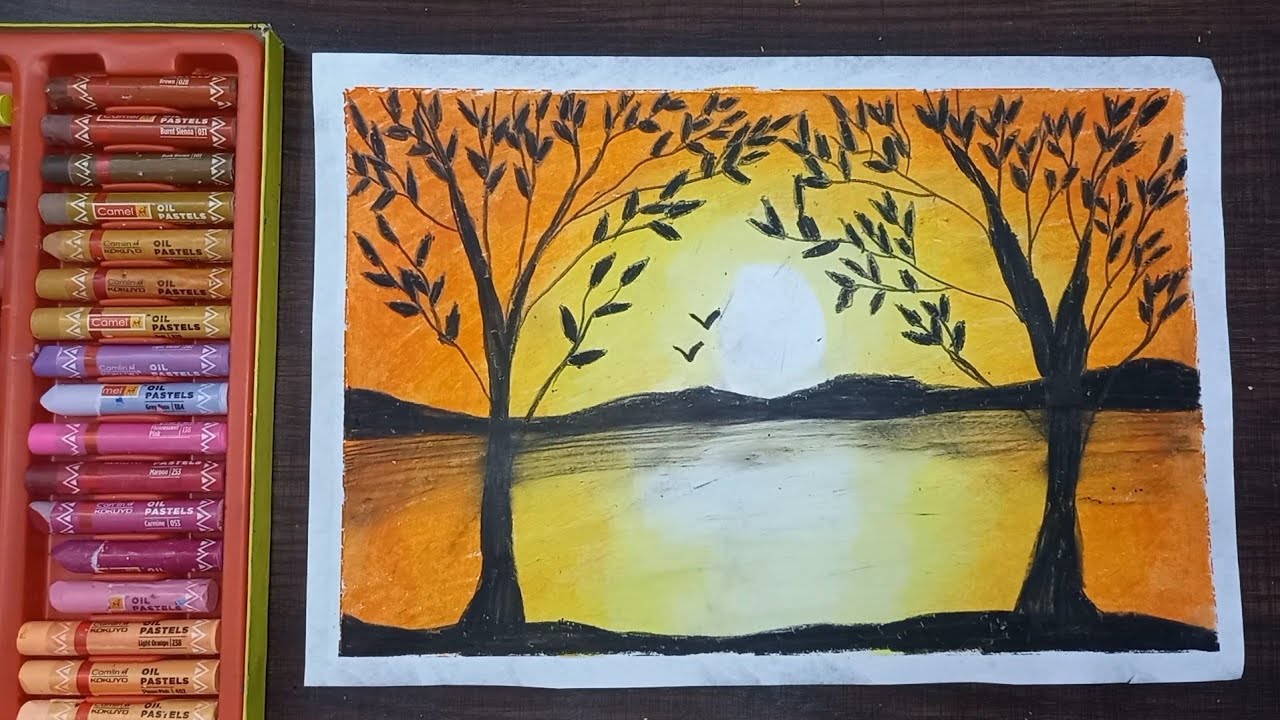 oil pastel drawing | sunset scenery oil pastel | yellow theme - YouTube