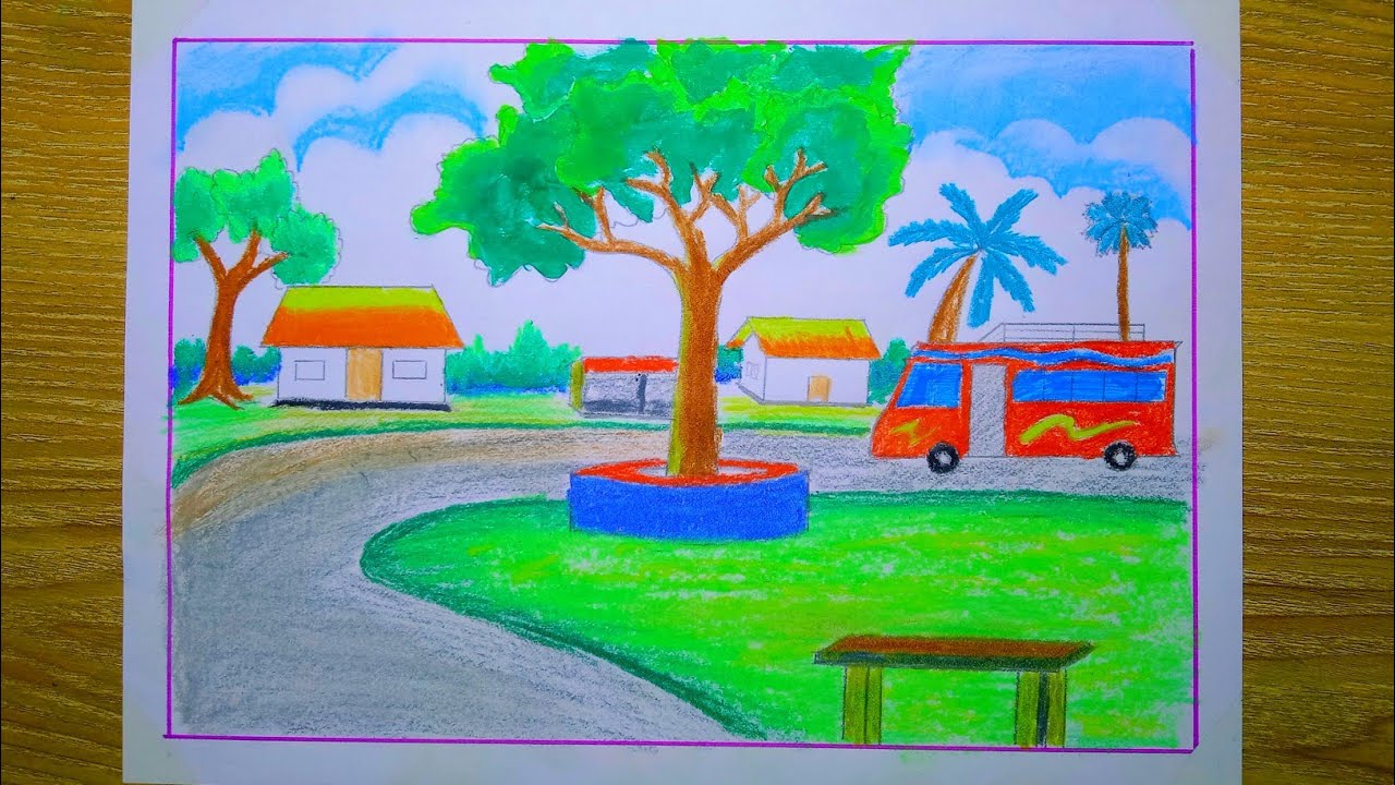 How to draw a bas || A picture of a bus passing through a village road ...