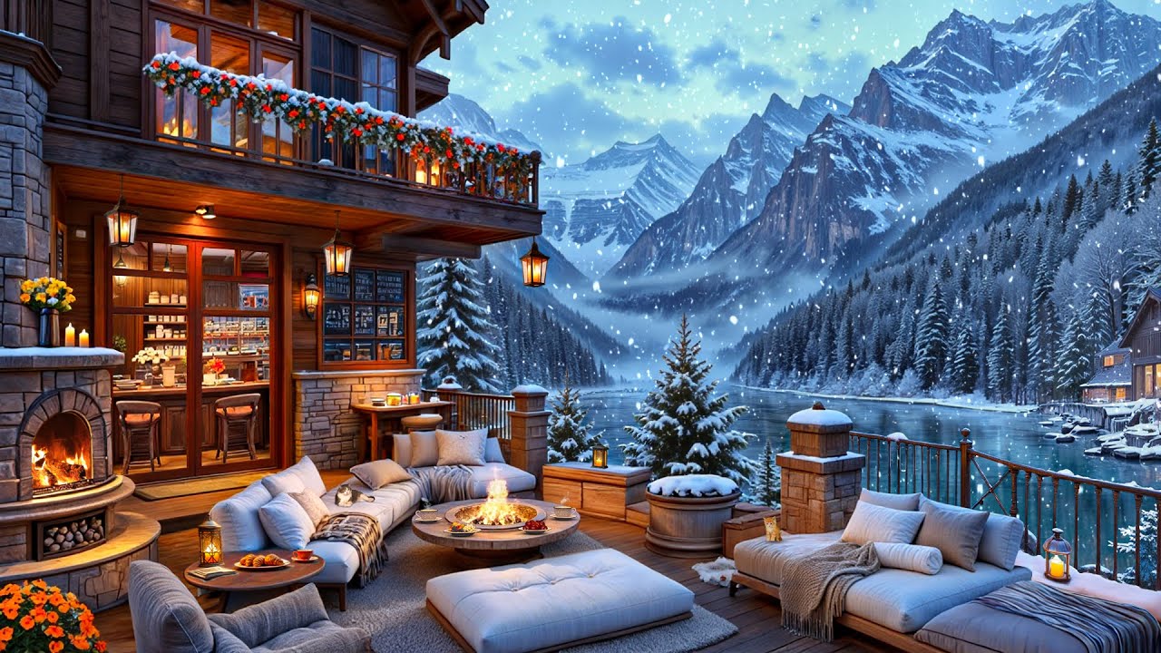 Warm Winter Season at Balcony Coffee Shop in the Mountains ️Smooth Jazz ...