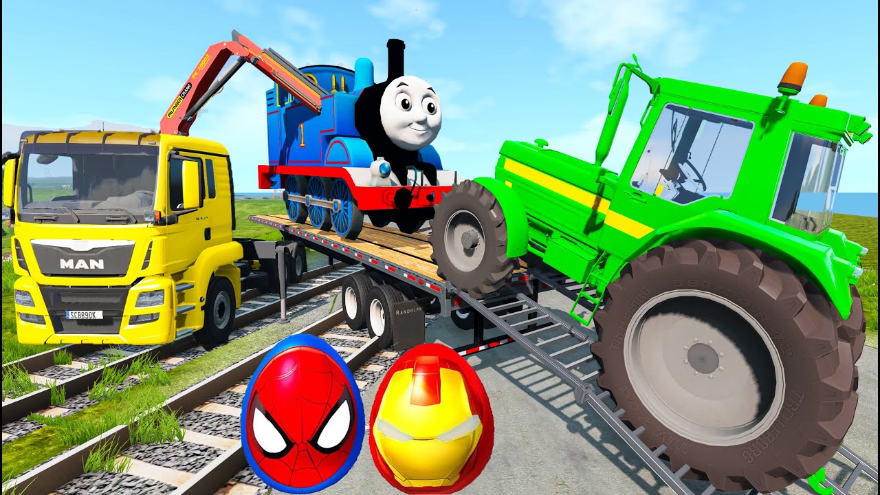 Crane Trucks Rescue Thomas Train with Flatbed Trailer Truck - BeamNG ...